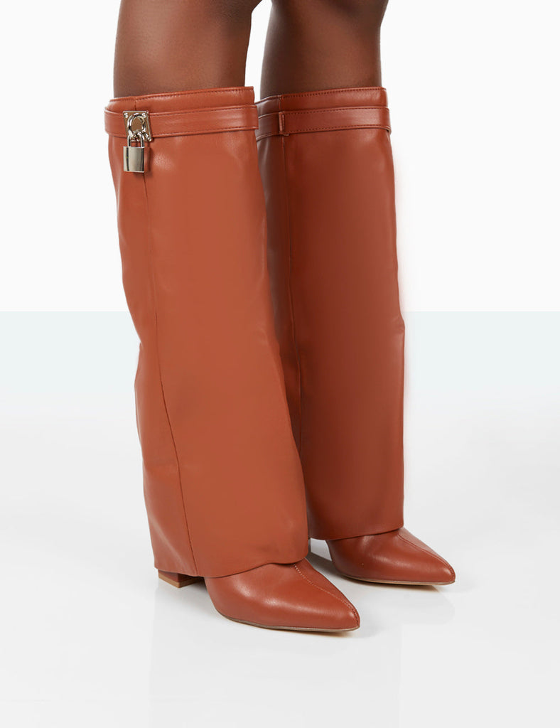 Echo Tan Grain Pu Pointed Toe Knee High Boots | Public Desire