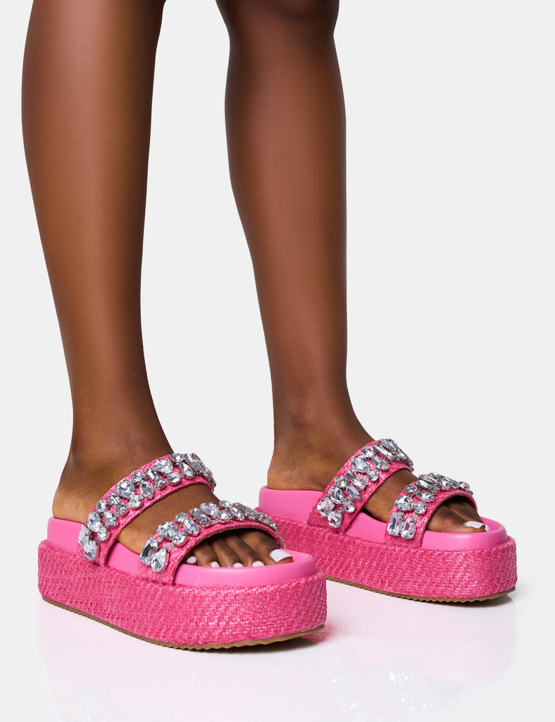 Duchess Pink Raffia Double Strap Embellished Platform Slider Sandals ...