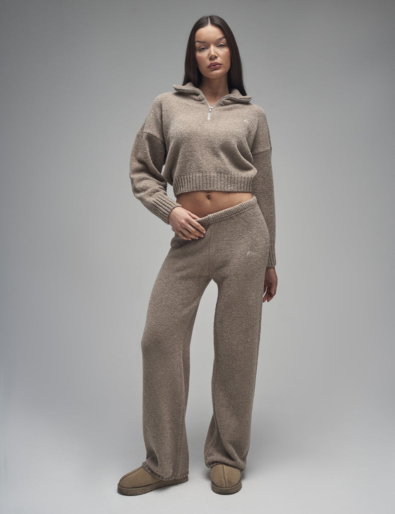 Kaiia Knit Fold Over Collar Quarter Zip Sweater Taupe | Public Desire