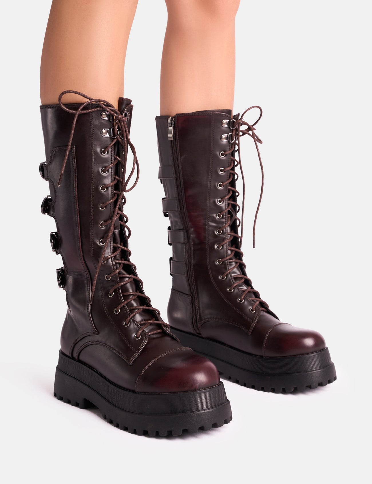 Vex Burgundy Multi Buckle Detail Lace Up Knee High Boots | Public Desire