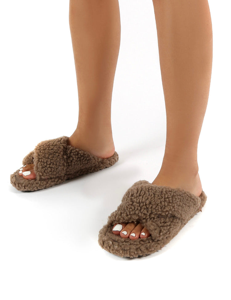 Cozee Tan Fluffy Teddy Cross Over Strap Slippers | Public Desire