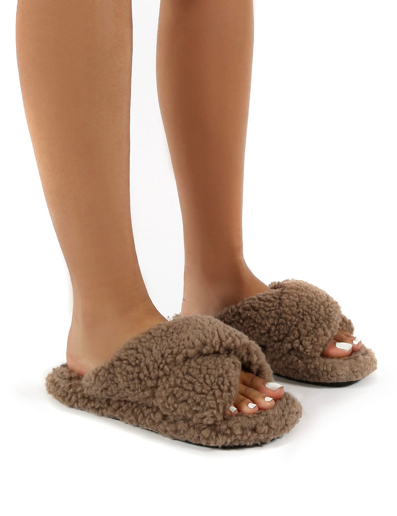 Cozee Tan Fluffy Teddy Cross Over Strap Slippers | Public Desire