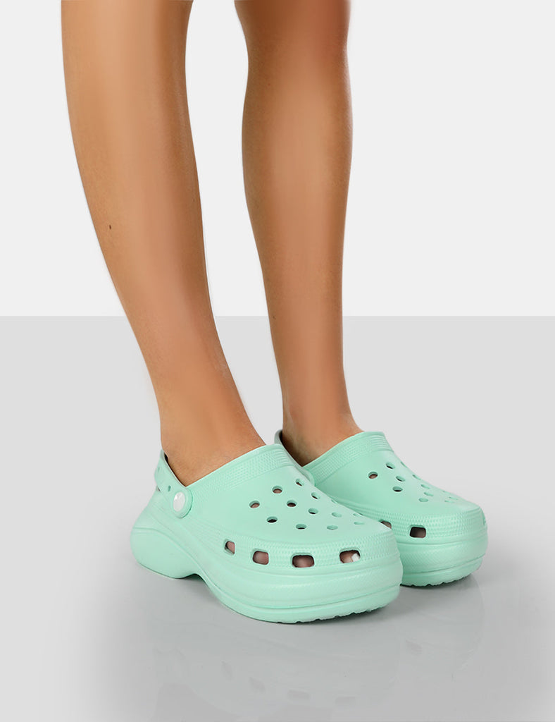 Vista Mint Green Rubber Platform Clog Sandals | Public Desire