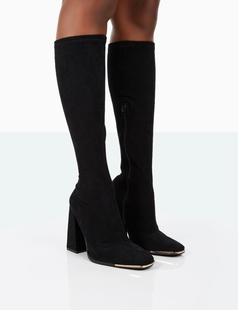 Caryn Black Suede Knee High Heeled Boots | Public Desire