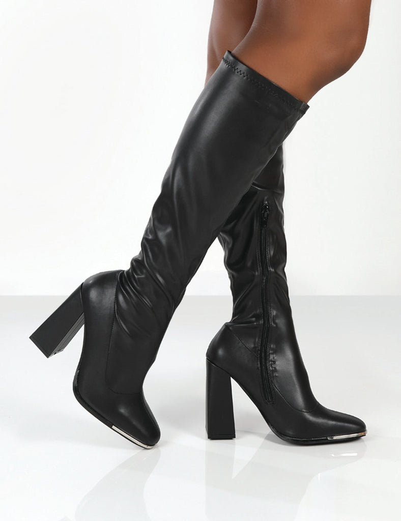 Caryn Black Wide Fit Knee High Heeled Boot | Public Desire