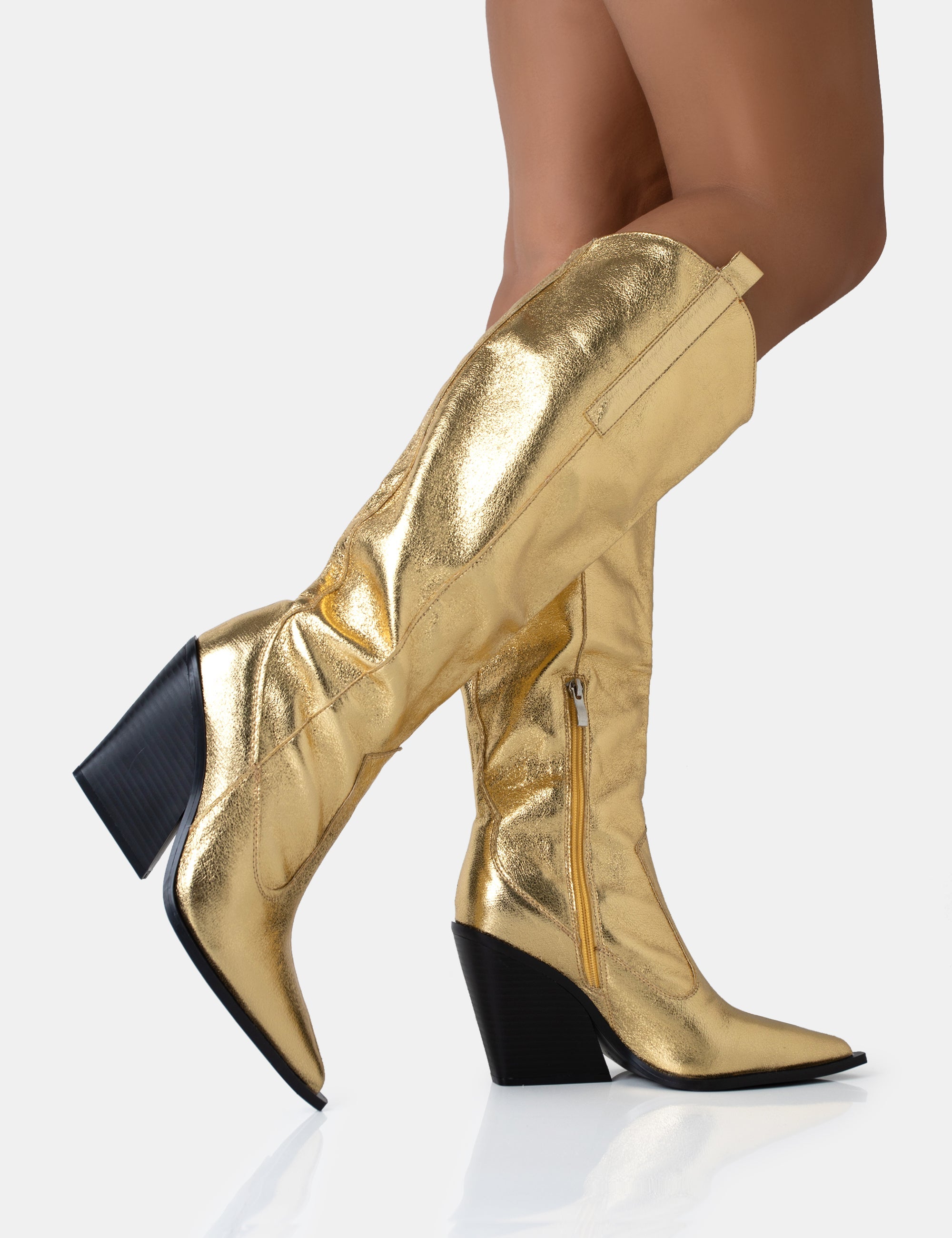 Gold knee high boots store