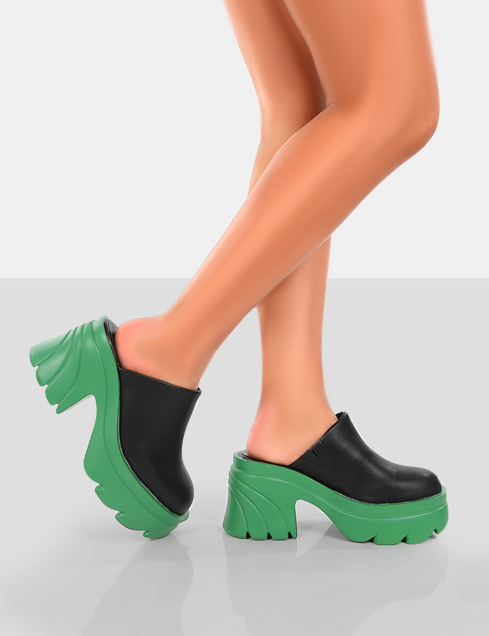 Sandi Green PU Chunky Sole Block Heeled Mules | Public Desire