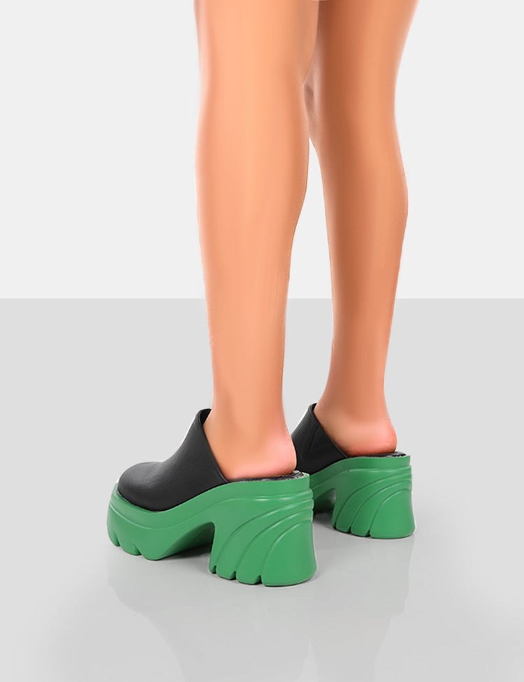 Sandi Green PU Chunky Sole Block Heeled Mules | Public Desire