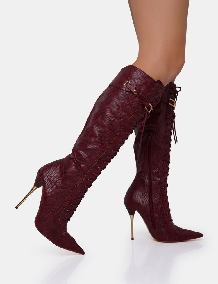 Infatuated Burgundy Croc Lace Up Buckle Feature Pointed Toe Gold ...