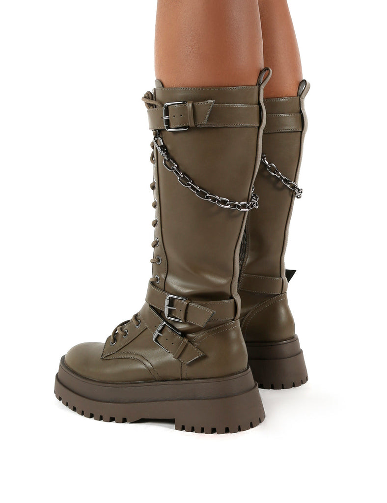 Amari Khaki Pu Lace Up Chunky Knee High Boots | Public Desire