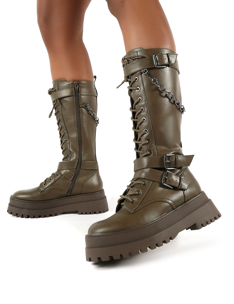 Amari Khaki Pu Lace Up Chunky Knee High Boots | Public Desire