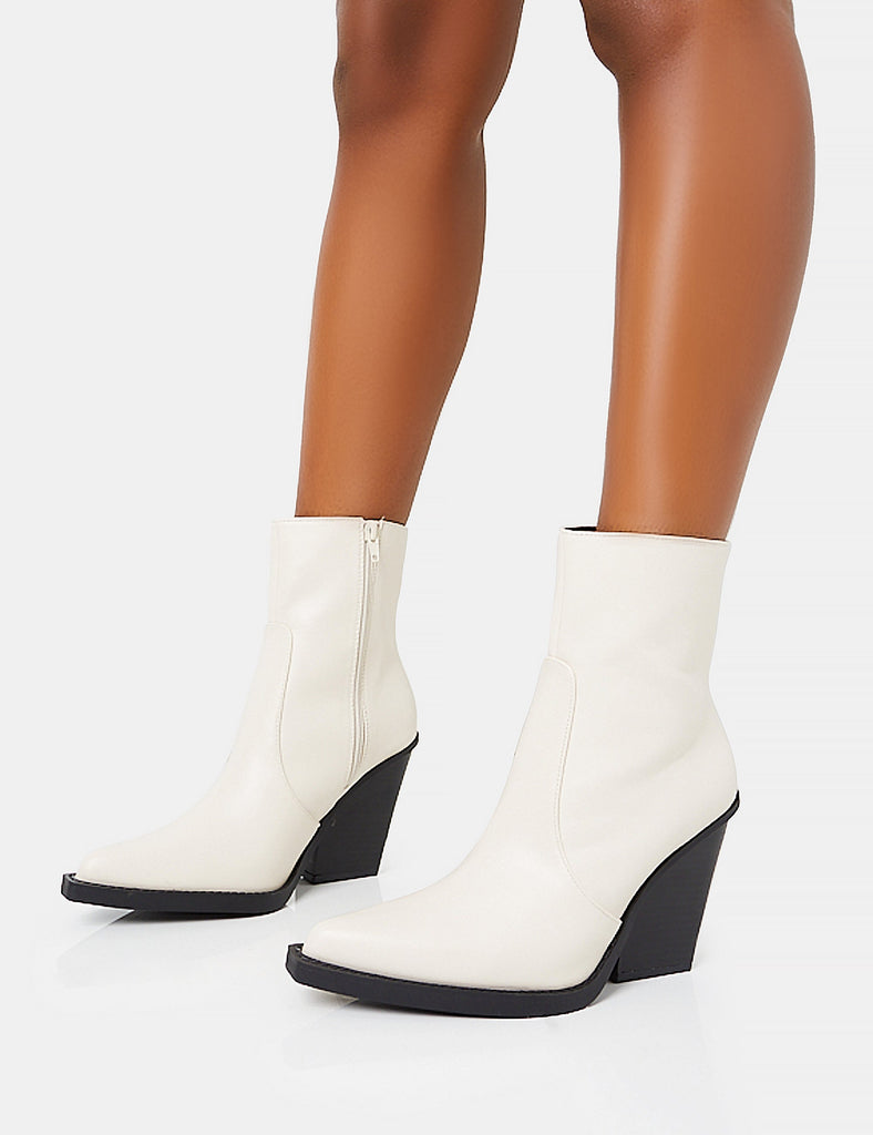 Jessie Wide Fit White Pu Western Pointed Toe Black Contrast Sole Block ...
