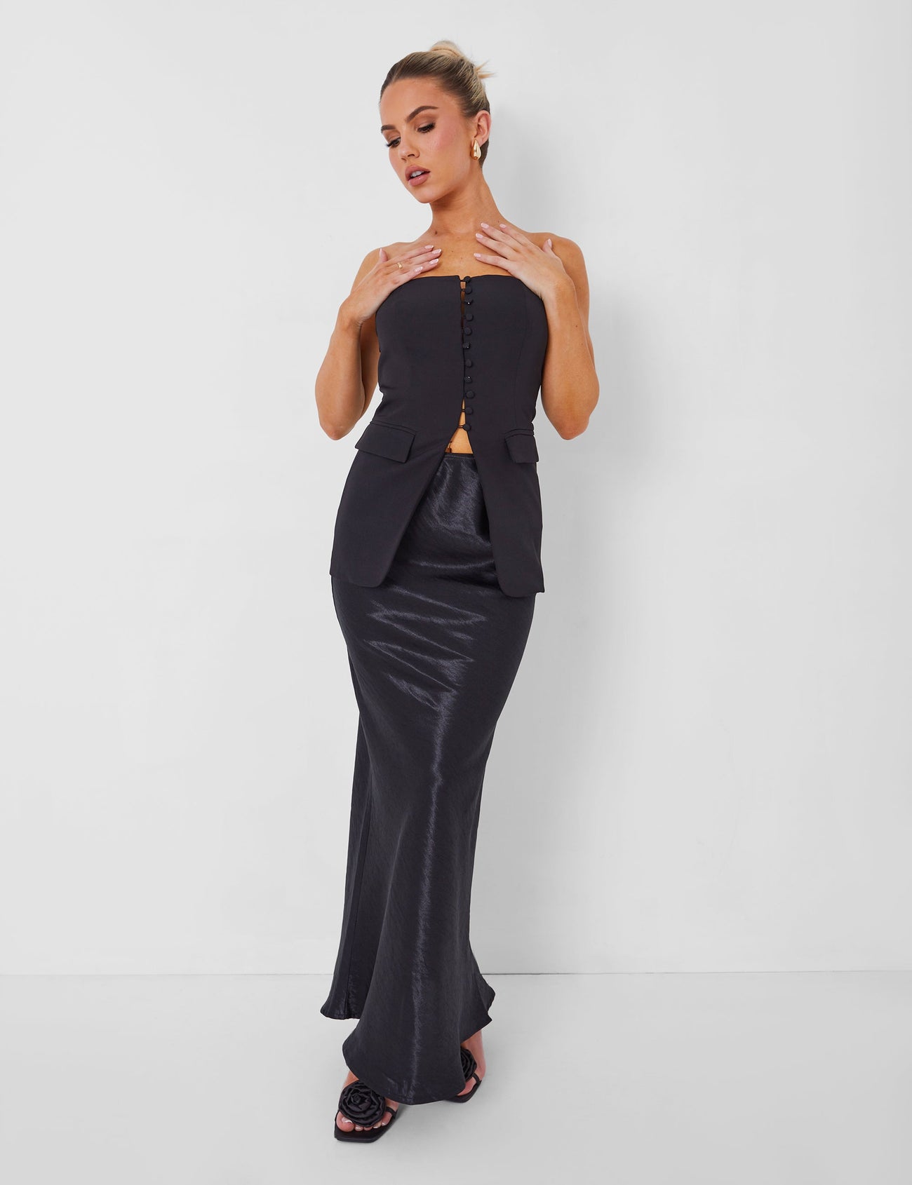 Kaiia Tailored Bandeau Split Front Top in Black | Public Desire