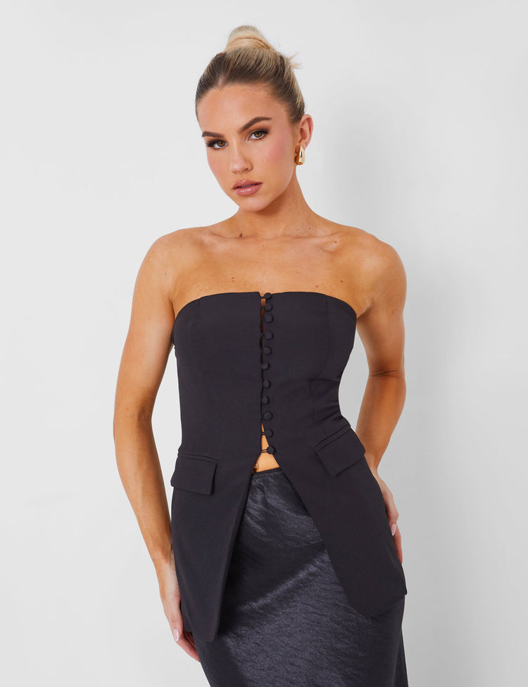 Kaiia Tailored Bandeau Split Front Top in Black | Public Desire